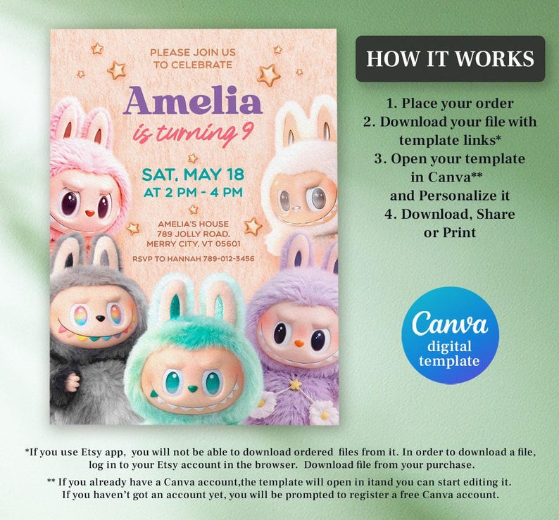 Monsters Themed Birthday Invitation, Printable Editable Cute Bunny ...