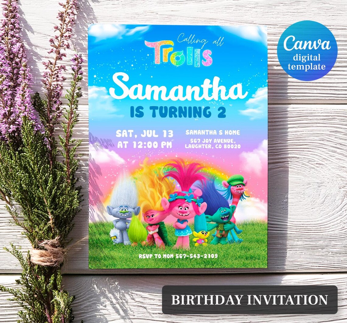 Editable Trolls Invite, Printable Birthday Invitation, Girl Birthday ...