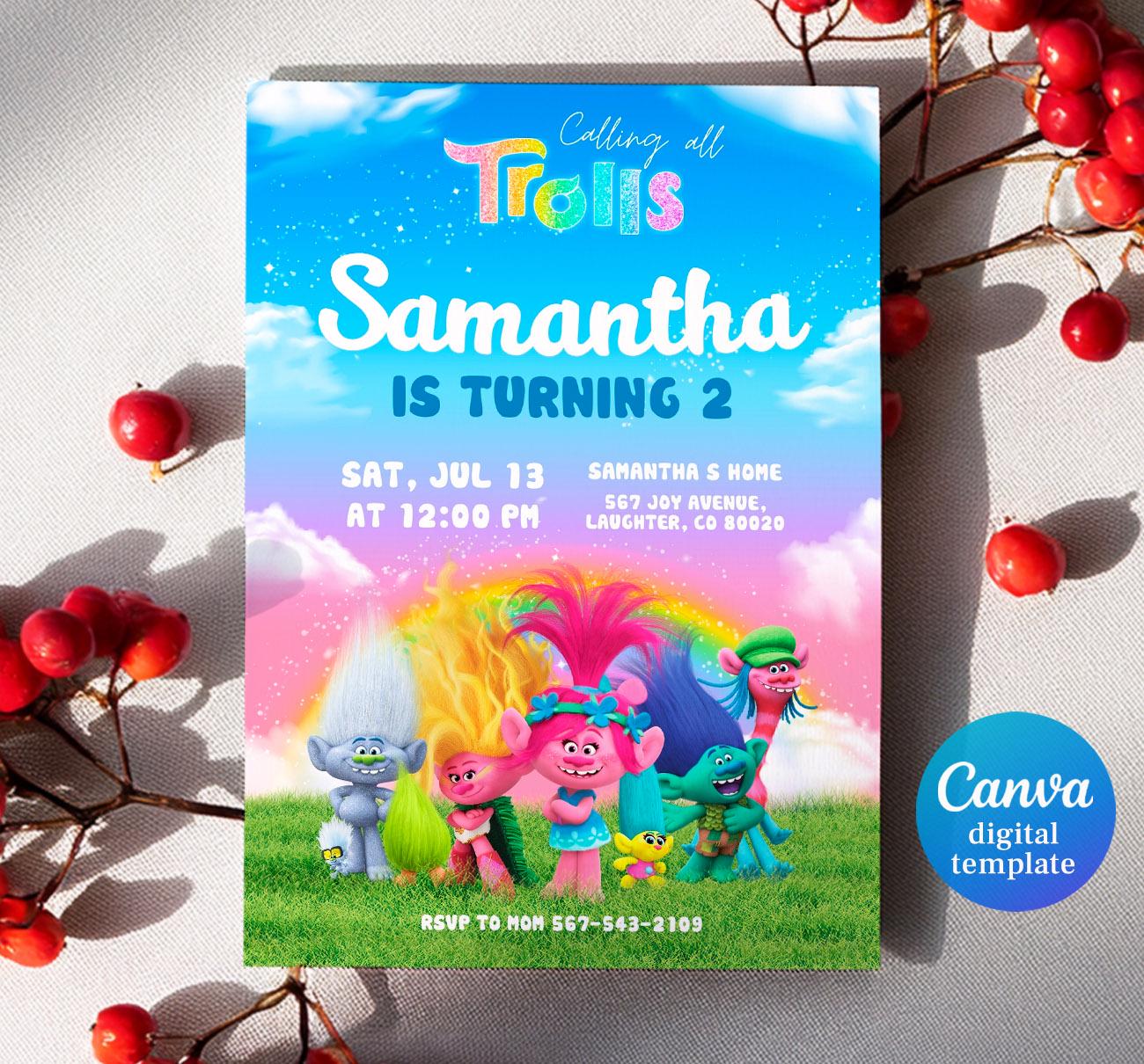 Editable Trolls Invite, Printable Birthday Invitation, Girl Birthday ...
