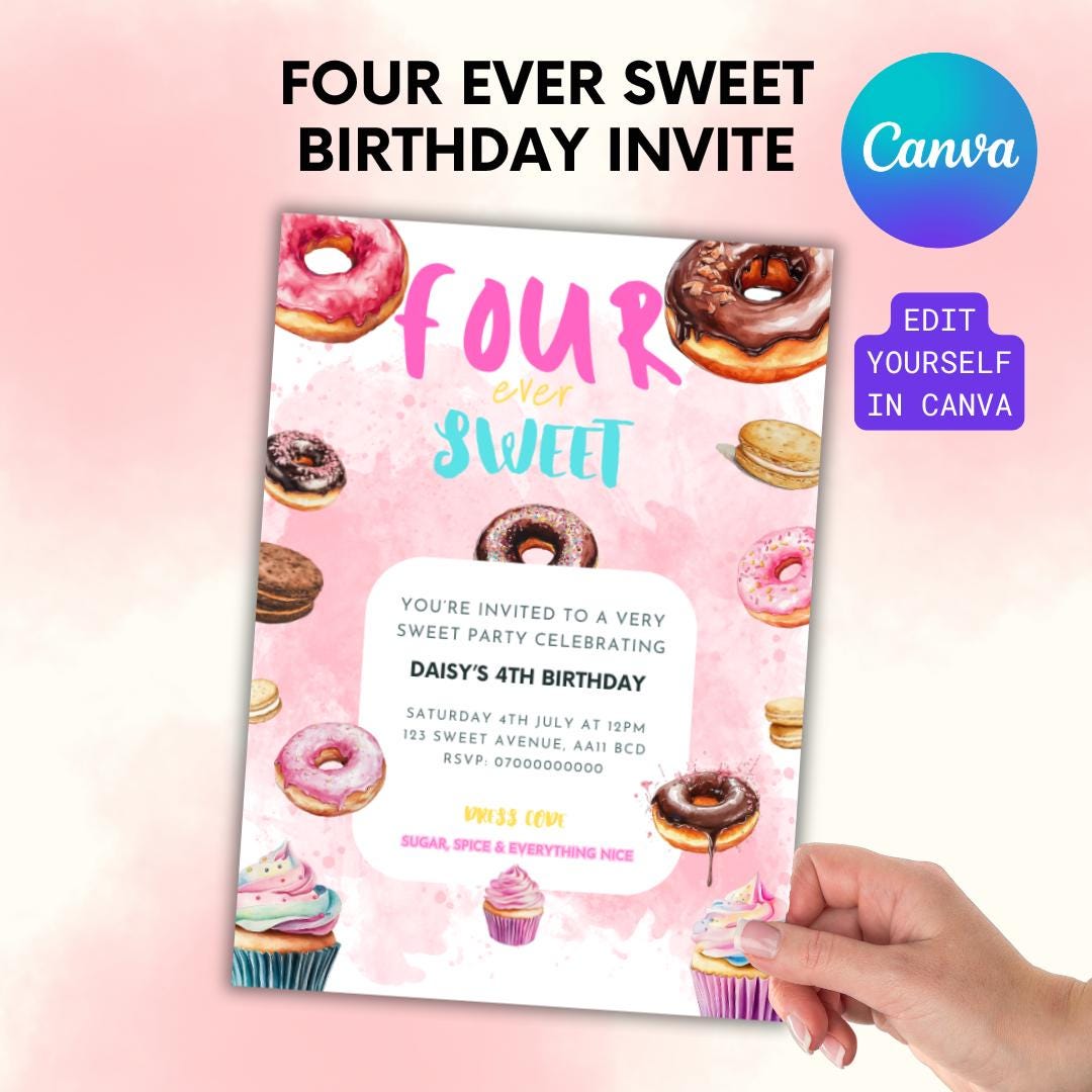 Four Ever Sweet 4th Birthday Invitation: Editable Canva Template ...