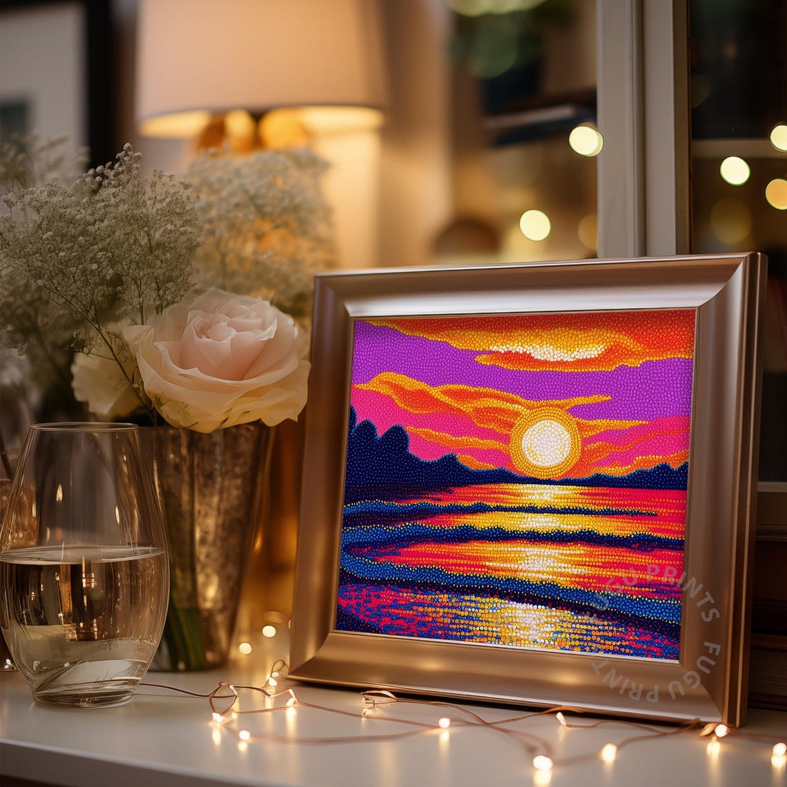 Sunset Pointillism Digital Art - Colorful Seascape Printable Wall Art ...