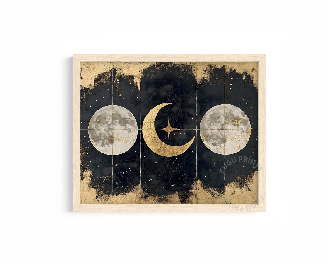 Moon Phases Digital Art, Gold Celestial Print, Black Astrology Wall ...