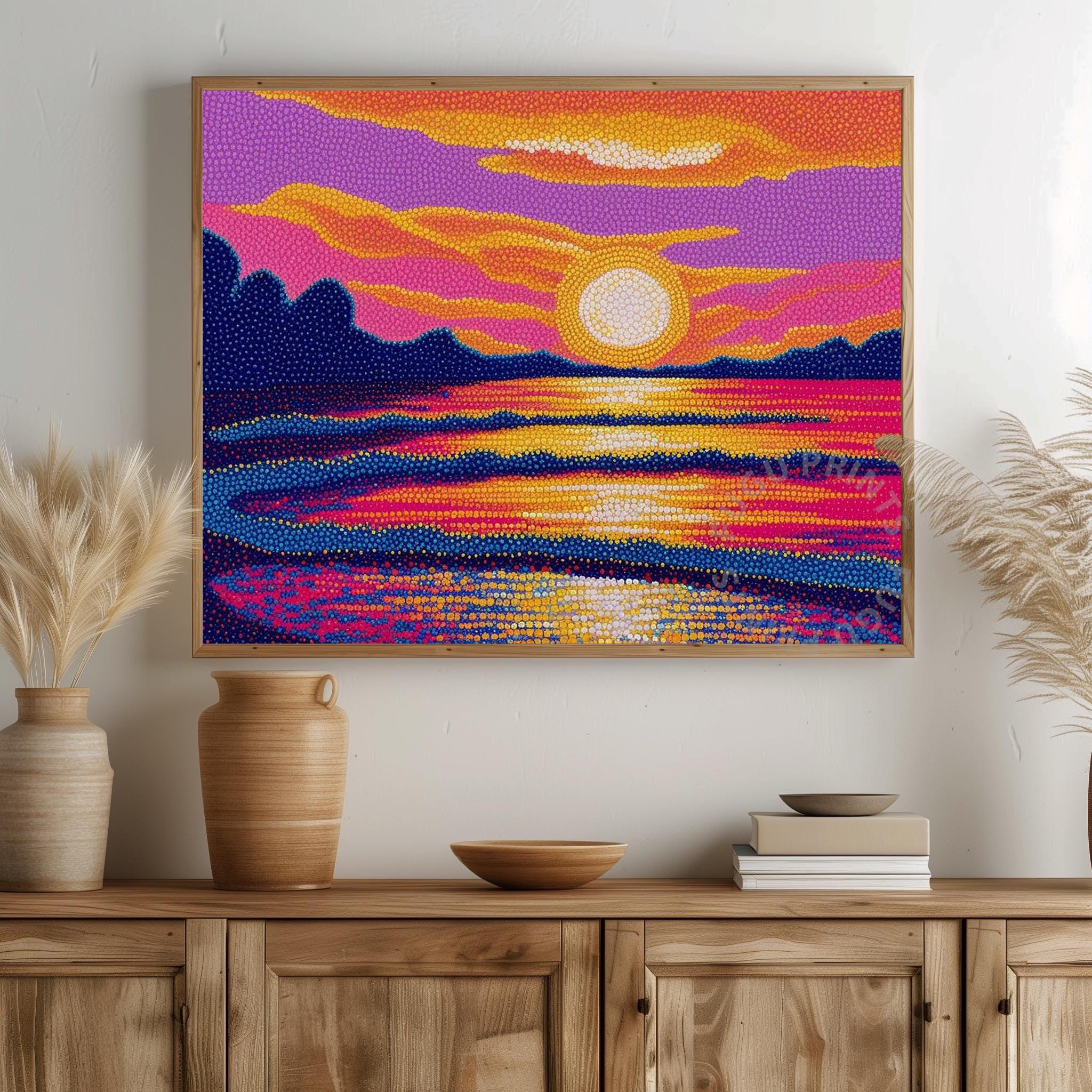 Sunset Pointillism Digital Art - Colorful Seascape Printable Wall Art ...