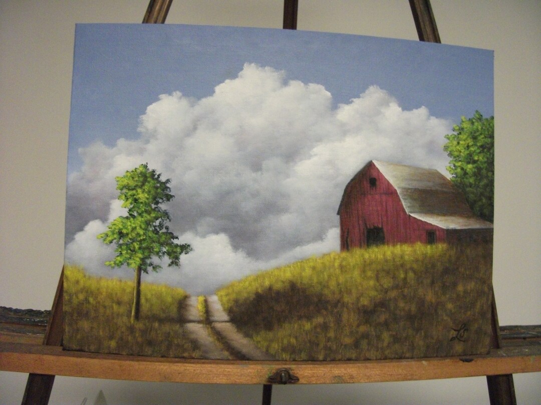 Barn, Trees, Clouds, Field, Path, Road, Farm, Summer, Spring, Original ...