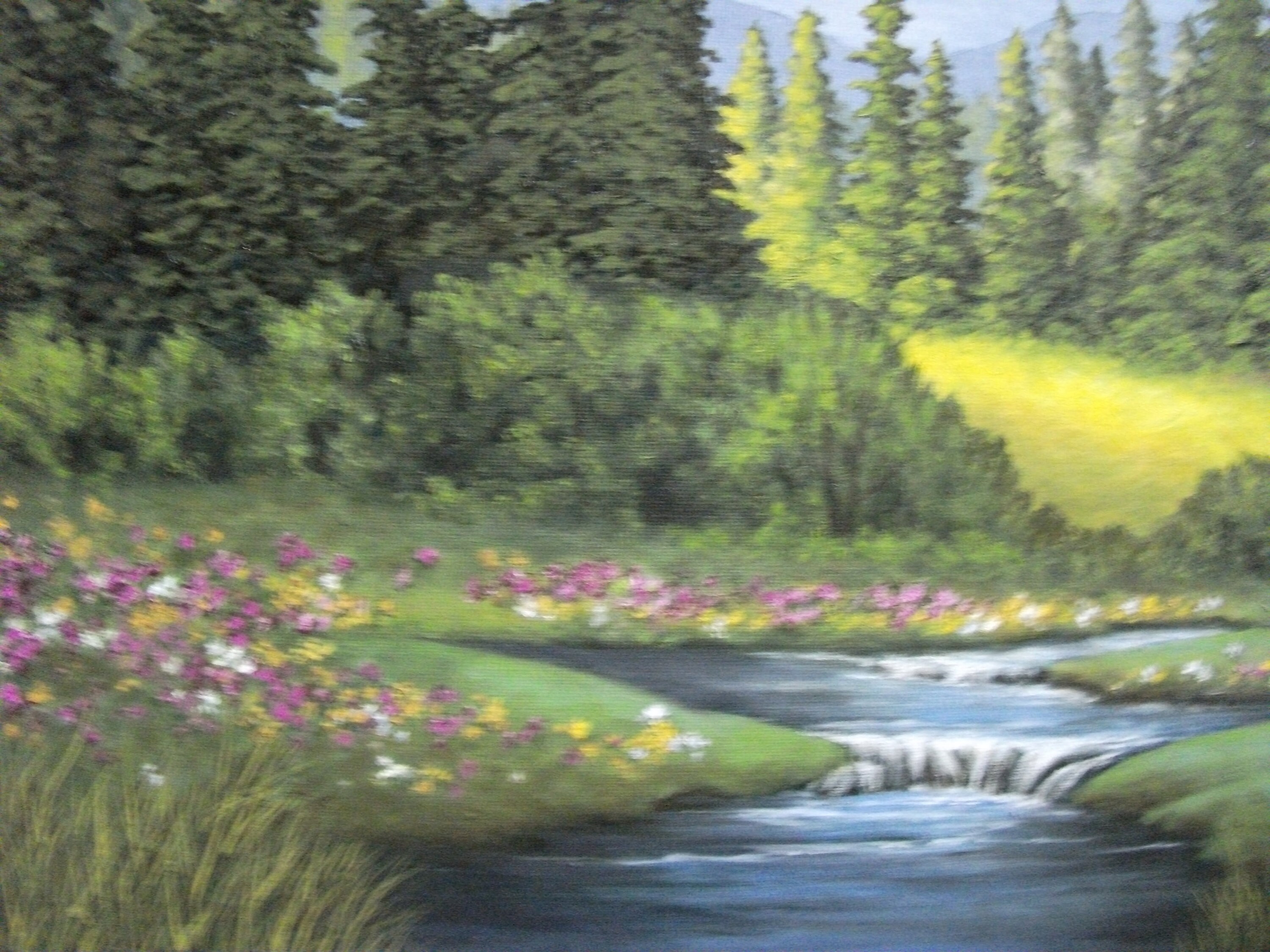 Woods, Trees, Stream, Waterfall, Meadow, Mountains, Pine, Clouds ...