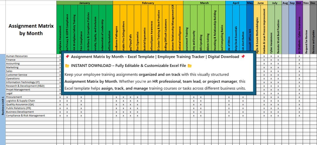 Assignment Matrix by Month – Excel Template | Employee Training Tracker ...