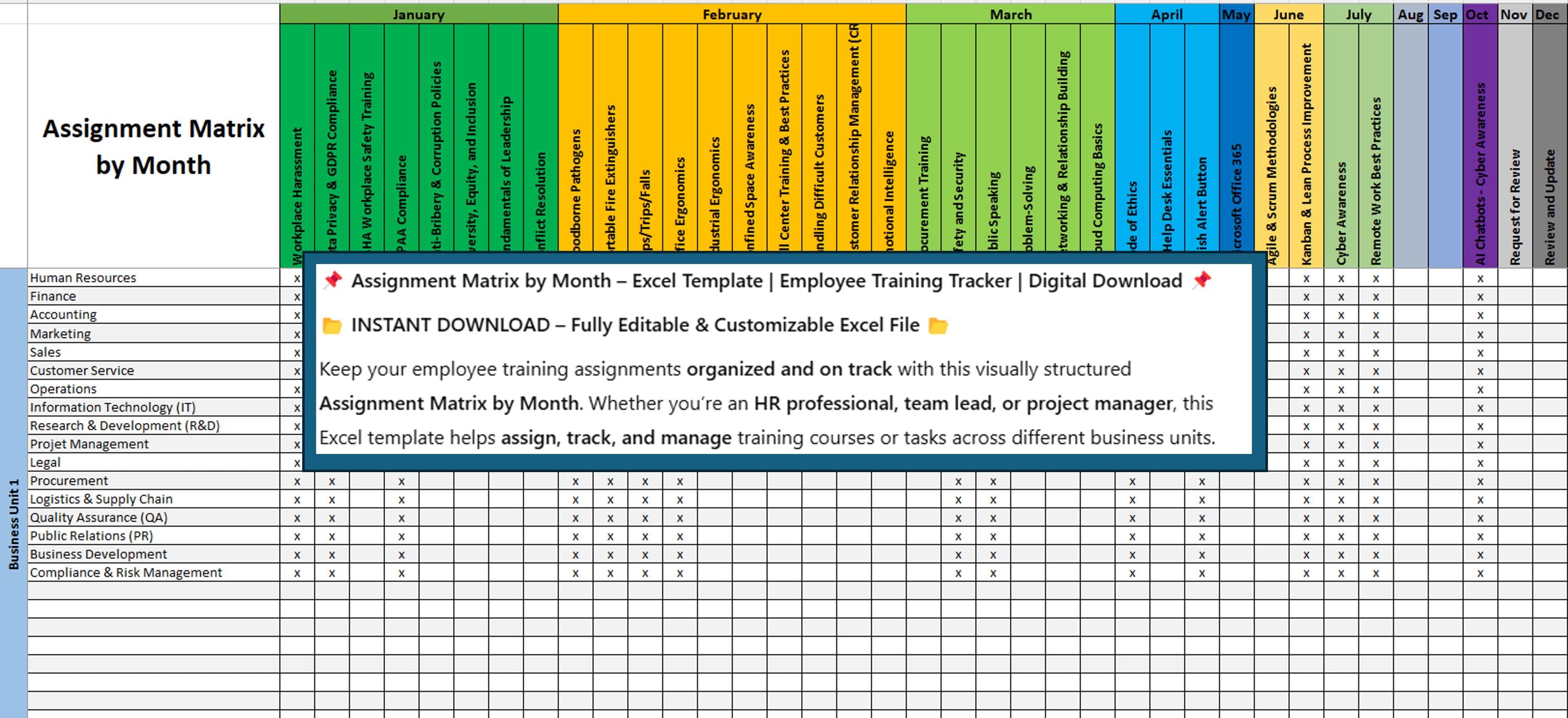 Assignment Matrix by Month – Excel Template | Employee Training Tracker ...
