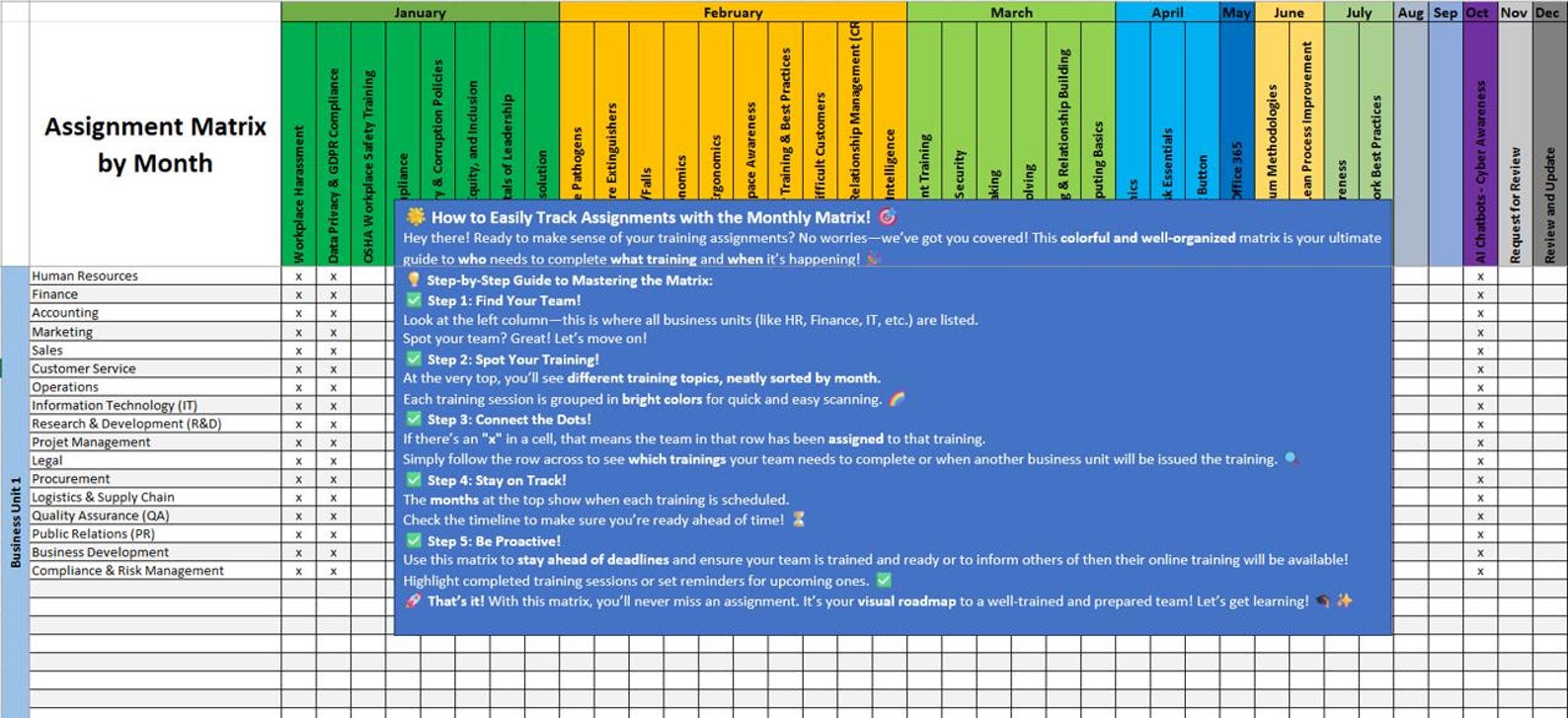 Assignment Matrix by Month – Excel Template | Employee Training Tracker ...