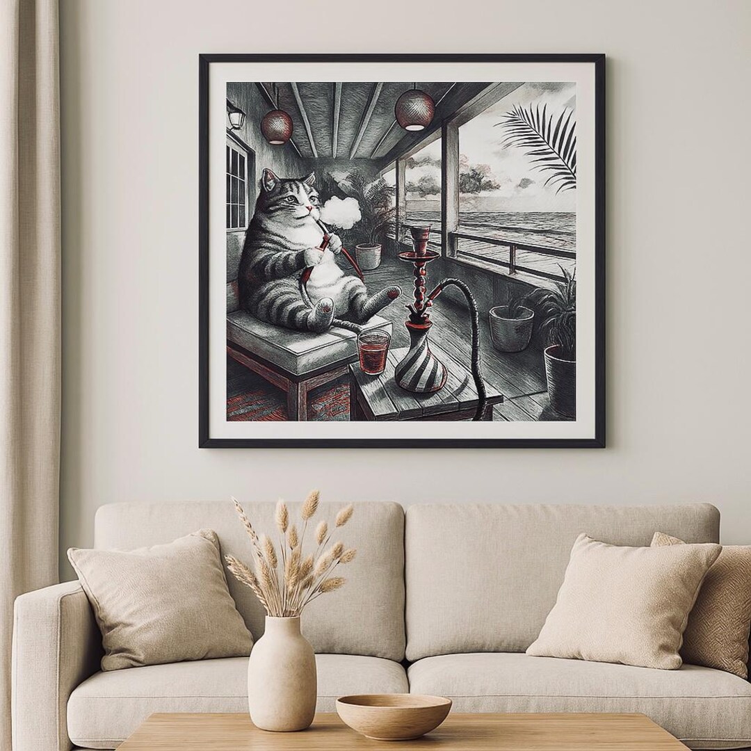 Hookah Smoking Cat Wall Art – Chill Tabby on Balcony Print – Funny ...
