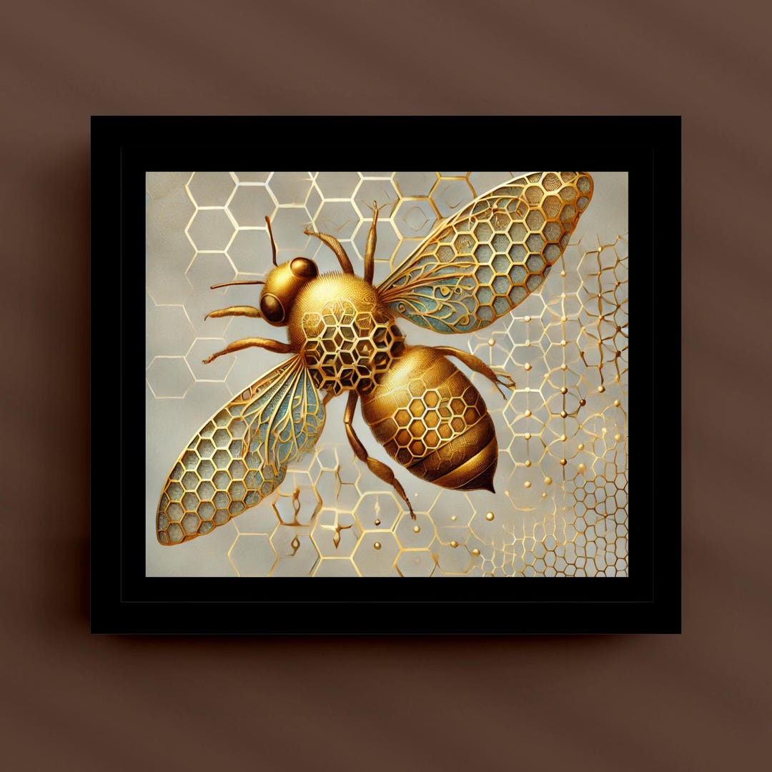 Golden Bee Art Print | Metallic Honeycomb Wall Art | Geometric Insect ...