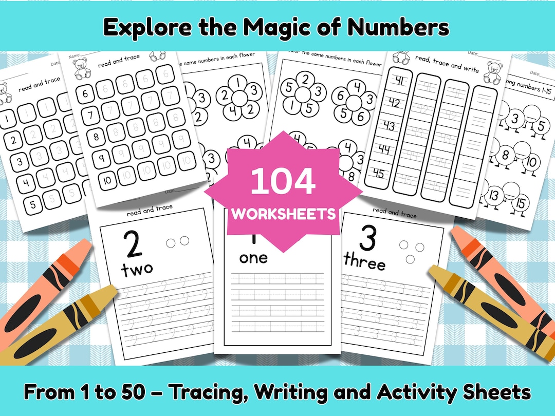 1–50 Counting Tracing & Activities Preschool Hollow Number Worksheets ...