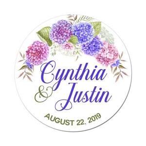 Personalized Wedding Labels Hydrangea Flowers in Purple and Pink ...