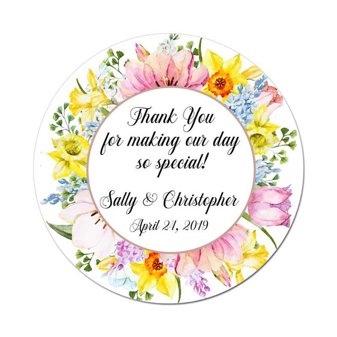 Personalized Wedding Labels Pastel Floral Wreath Daffodils Tulips ...