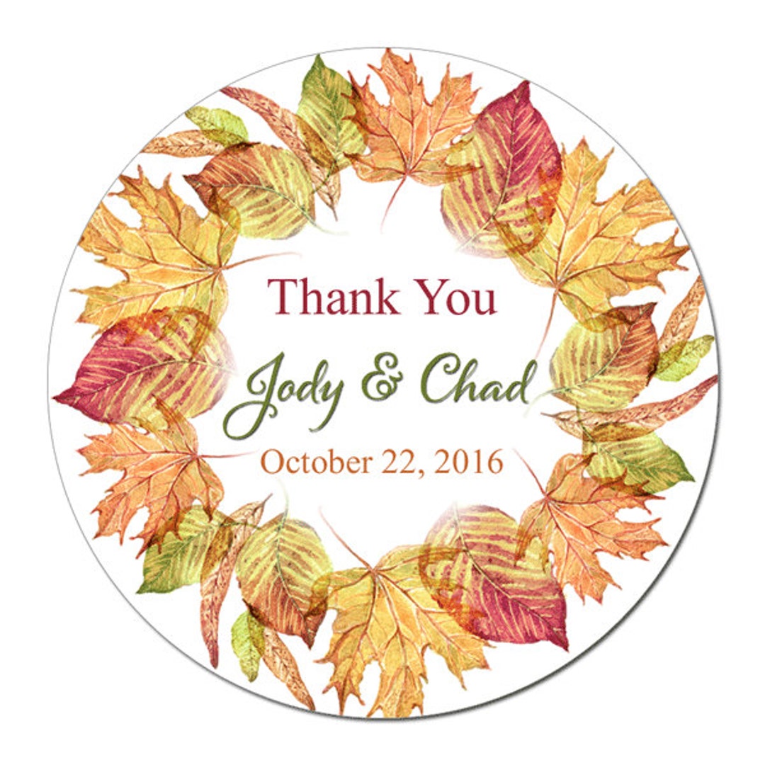 Custom Wedding Labels Personalized Autumn Leaves Wreath Fall Leaf Round ...