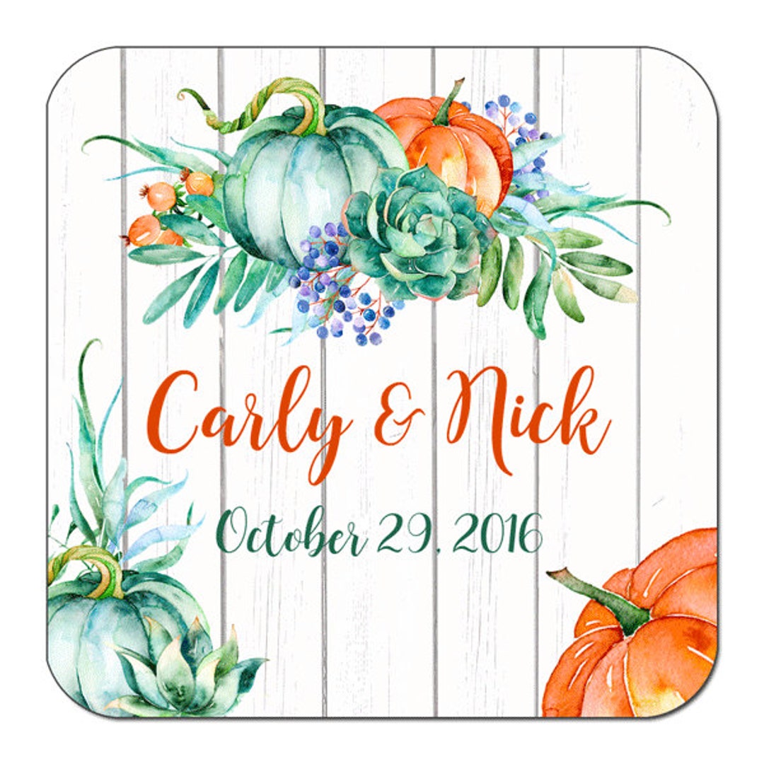 Custom Fall Wedding Labels Personalized Pumpkins and Eucalyptus Square ...