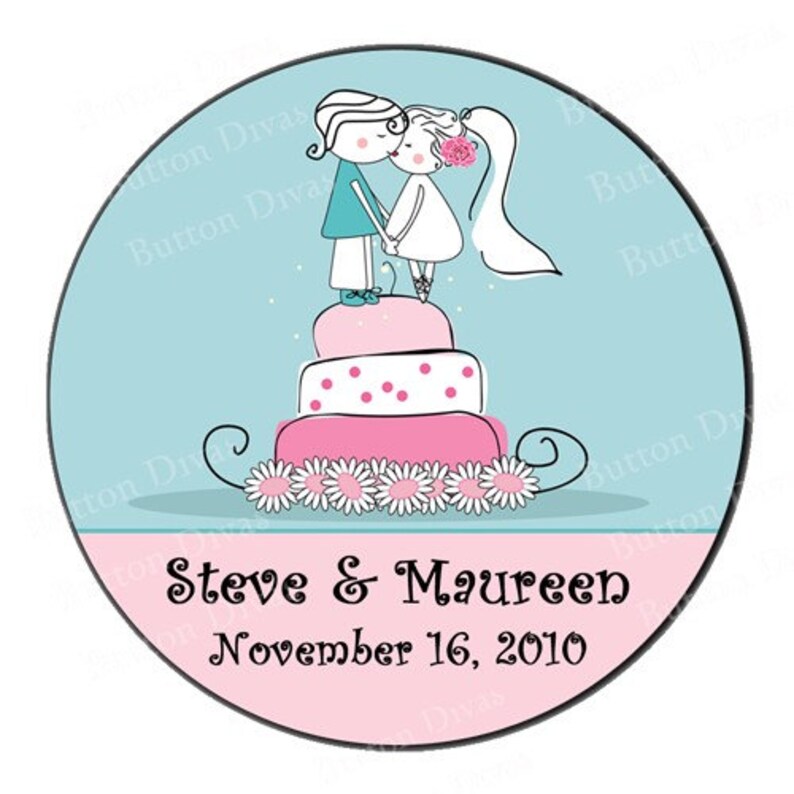 Bride and Groom Sweethearts on Cake - Personalized 2 Inch Round Glossy ...