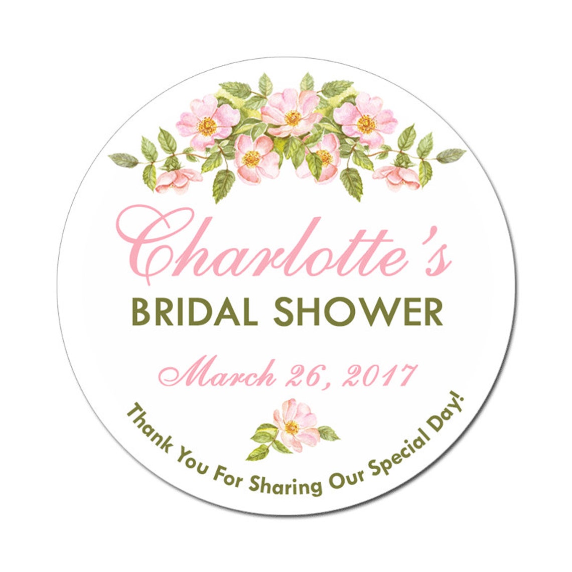 Personalized Bridal Shower Labels Sweet Roses Flowers Round Glossy ...