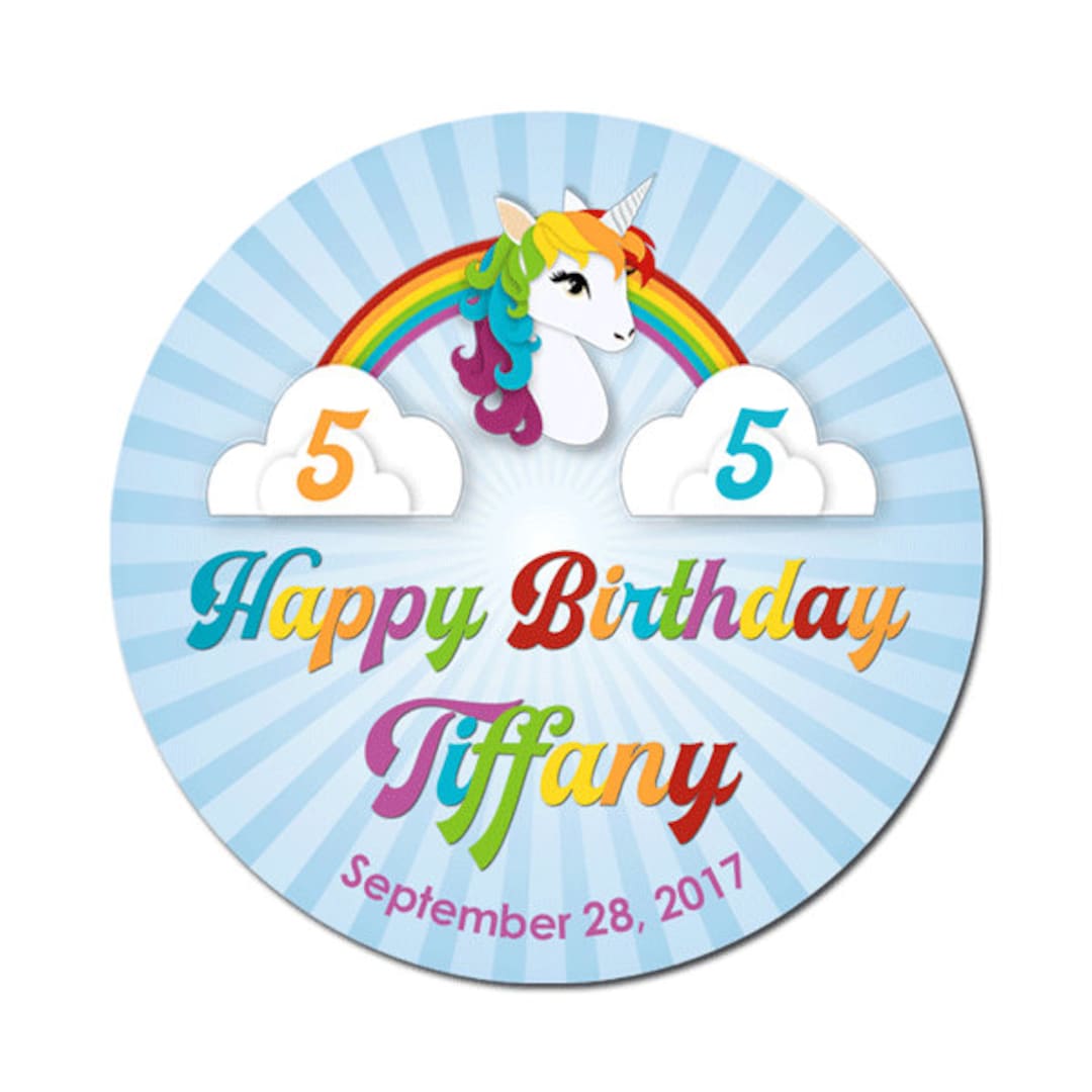 Custom Birthday Labels Unicorn With Rainbow for Children Girls Round ...