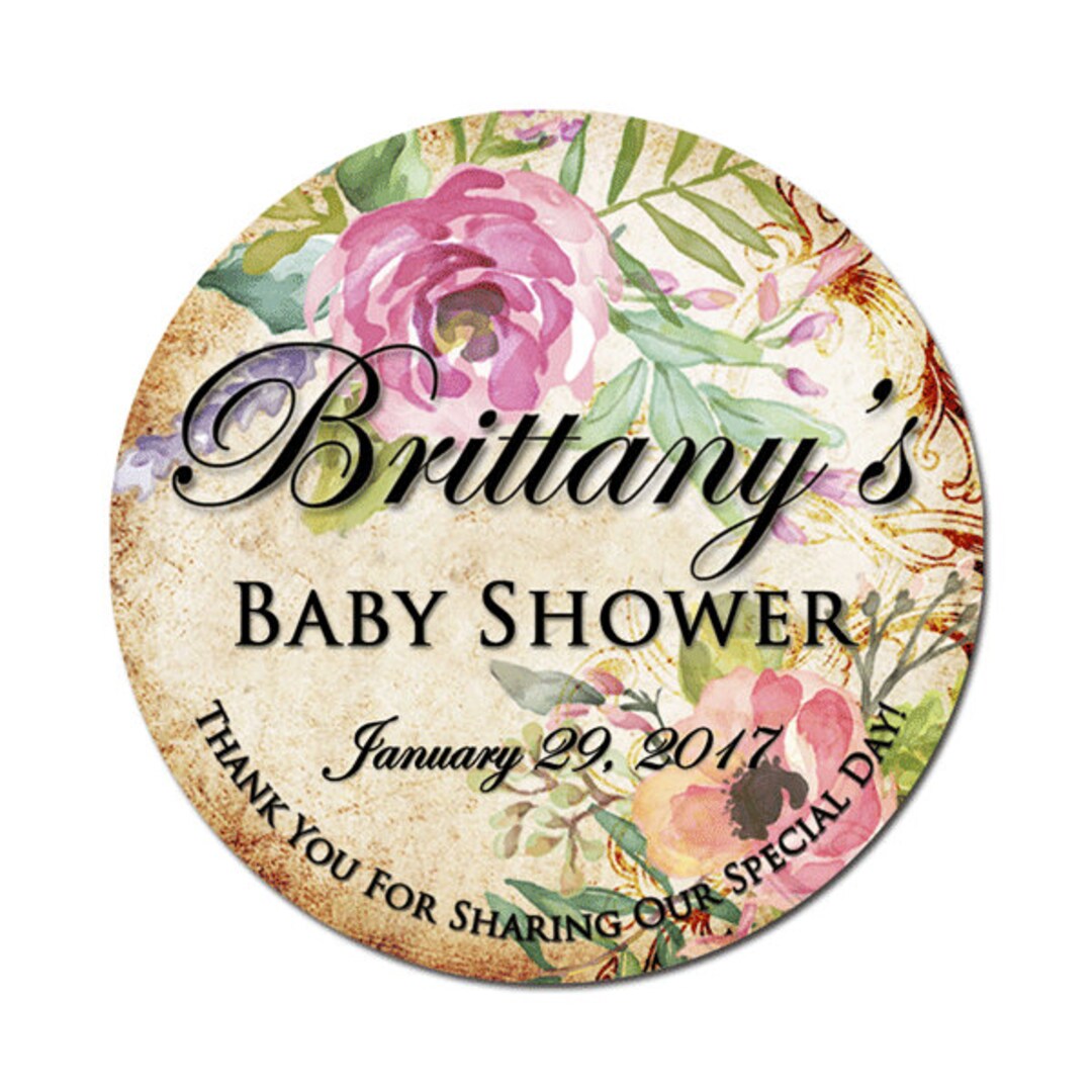 Custom Baby Shower Labels Personalized Watercolor Roses Round Glossy ...