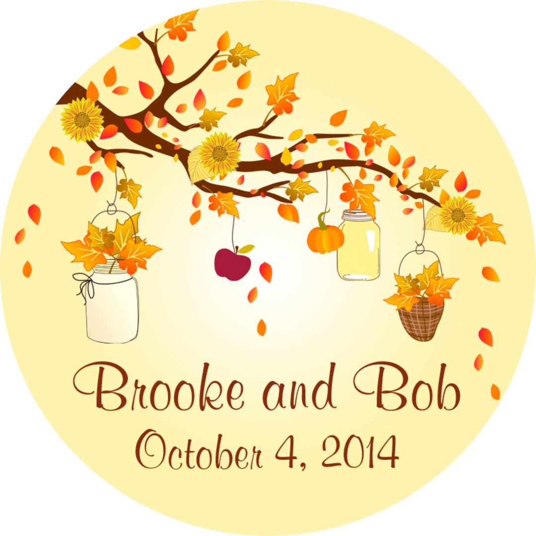 Wedding Labels Personalized Fall Leaves Tree Branches Mason Jars Glossy ...