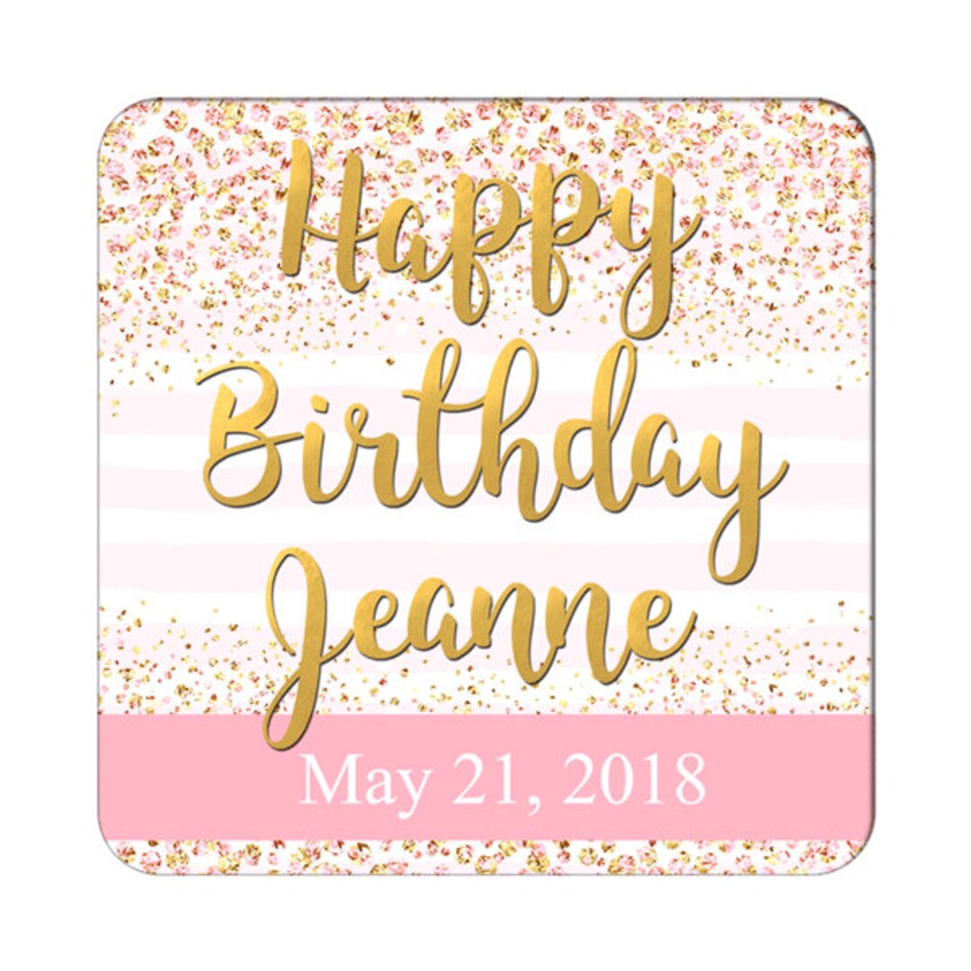 Personalized Birthday Labels Gold Letters on Pink Jewel Confetti and ...