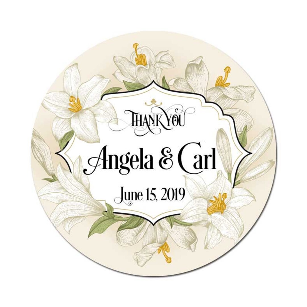 Personalized Wedding Labels Royal Lily Lilies Wreath Botanical Flowers ...