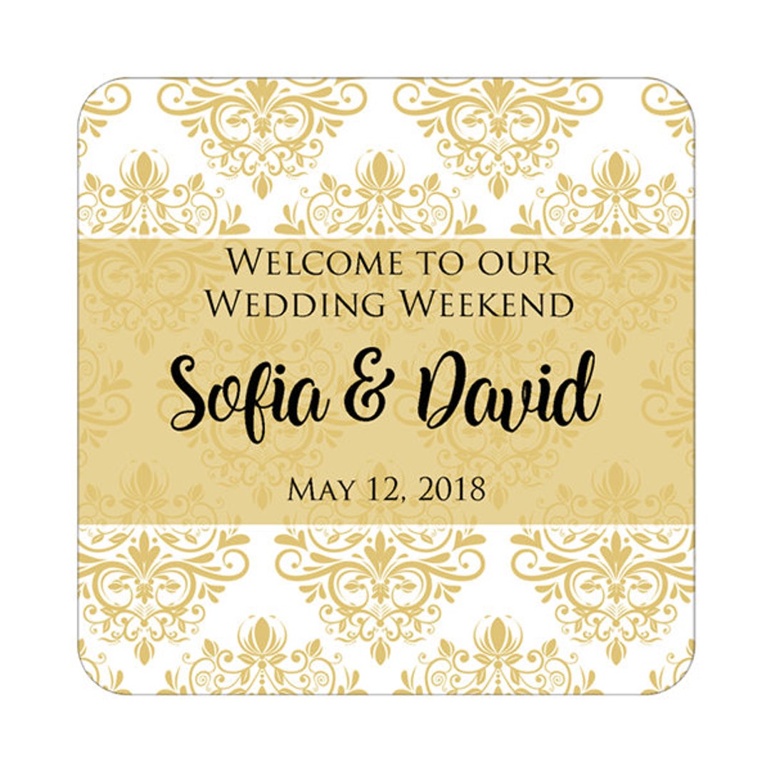 Personalized Wedding Labels Gold Damask Square Glossy Designer Stickers ...