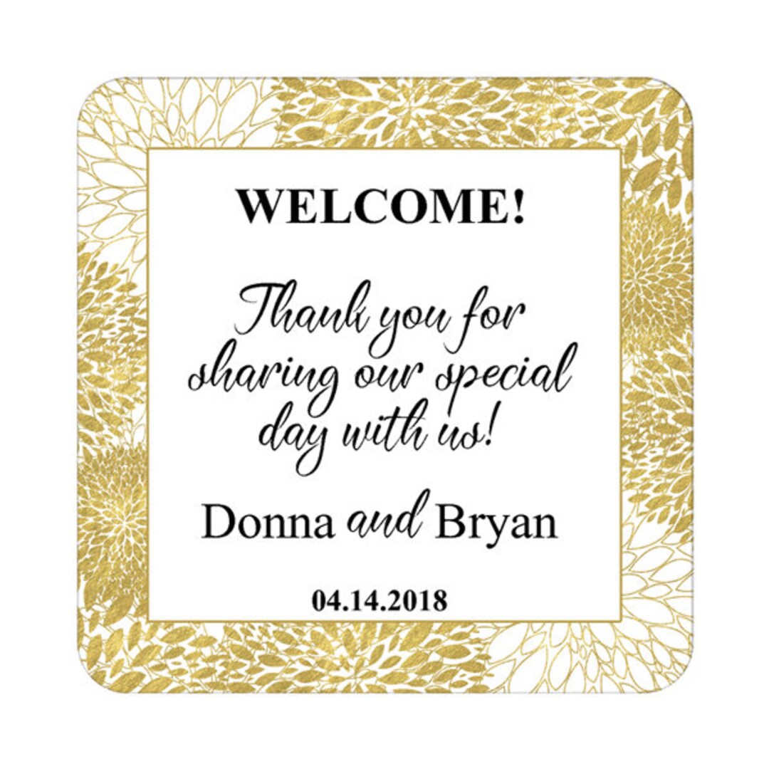 Personalized Wedding Welcome Labels Gold Floral Square Glossy Designer ...