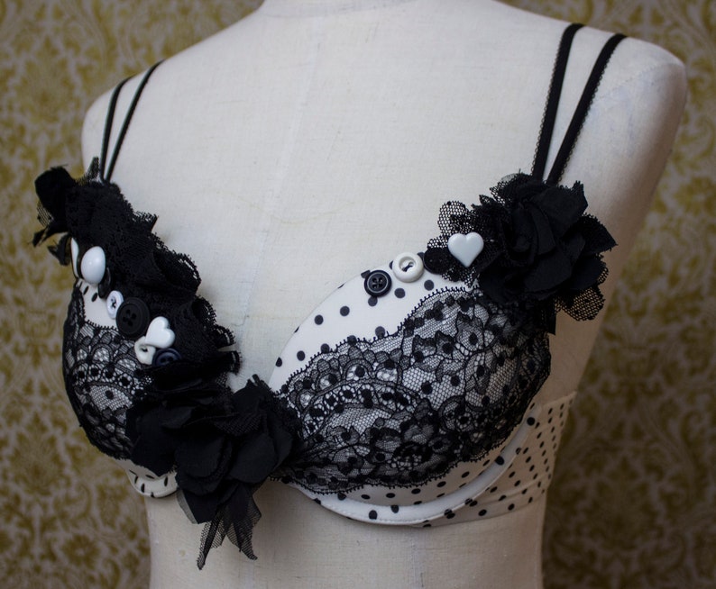 White With Black Lace and Polka Dots Bra With Lace Flowers and | Etsy