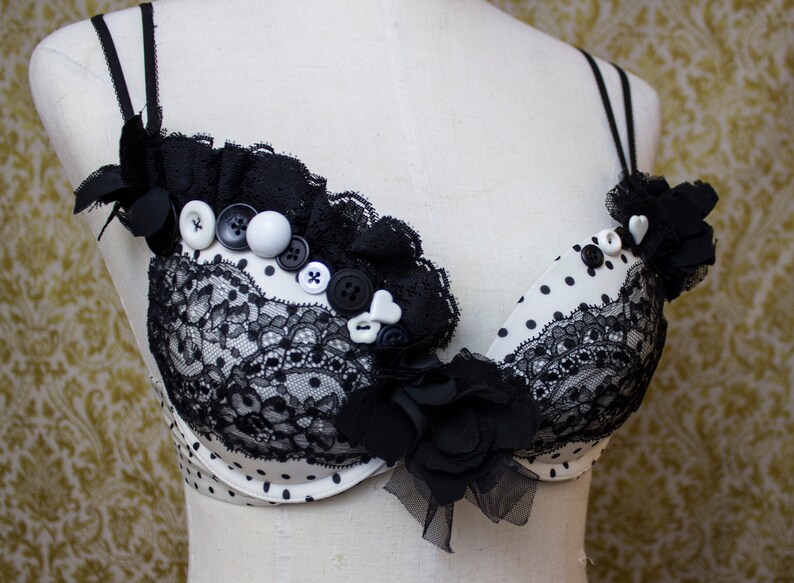 White With Black Lace and Polka Dots Bra With Lace Flowers and - Etsy