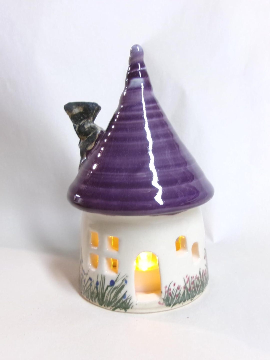 Handmade Pottery Fairy House Night Light: Purple Roof Garden Decor - Etsy