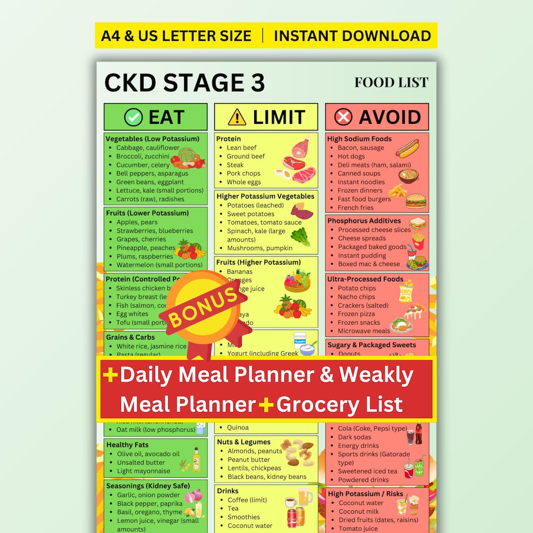 CKD Stage 3 Food List Printable, Stage 3 Kidney Disease Food List, CKD ...