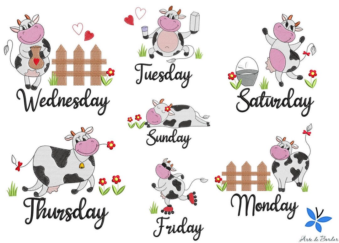 Embroidery Design Days of the Week Cow 002 - Etsy