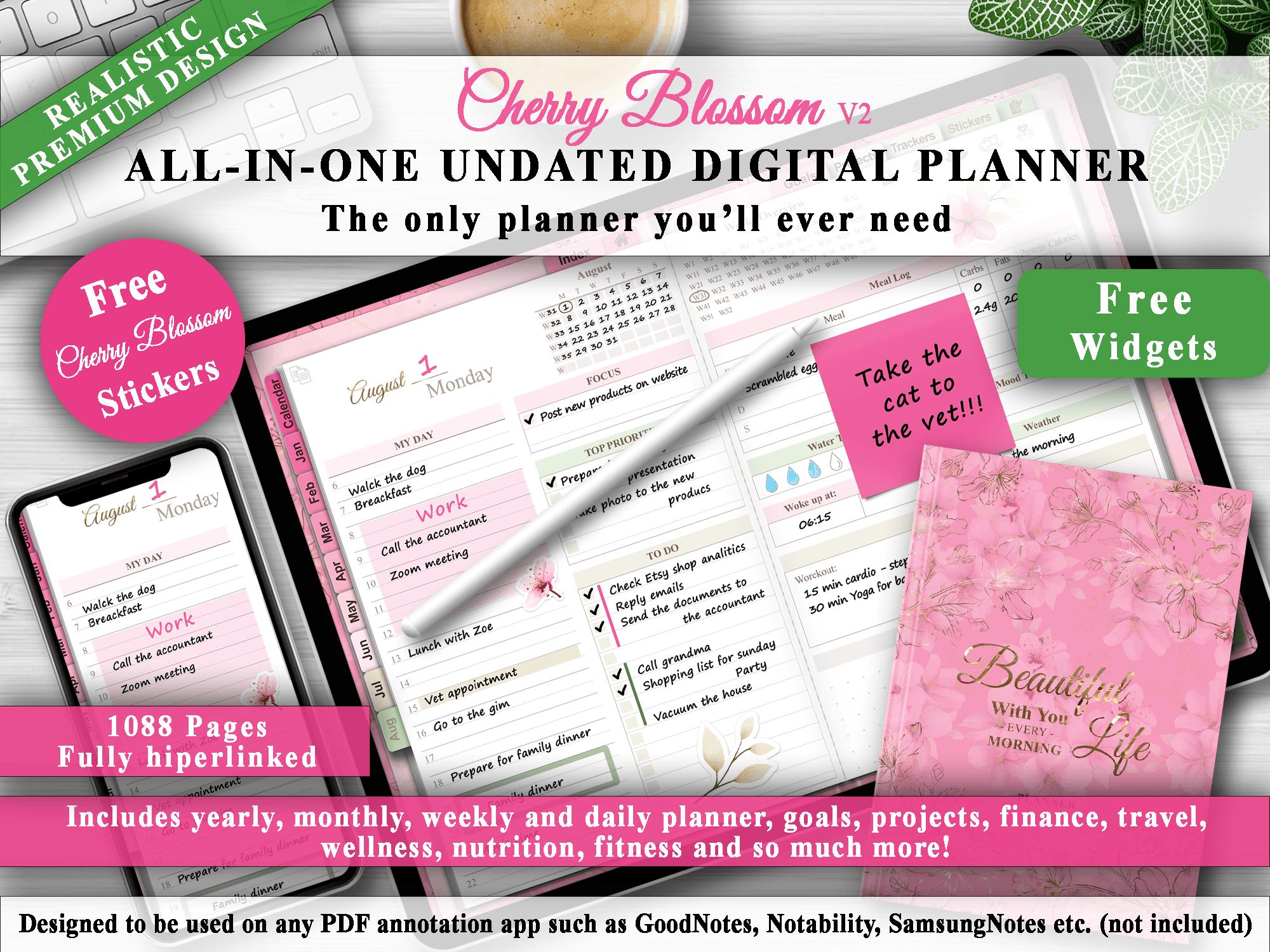 Undated Digital Planner | Cherry Blossom All-in-one Planner for ...