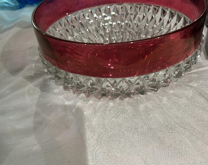 Vintage Indiana Glass Diamond Point Ruby Red Band 10” Round Bowl - Etsy