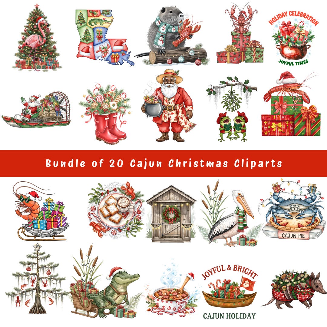 Bundle of 20 Cajun Christmas Clipart, Watercolor Cajun Santa and ...