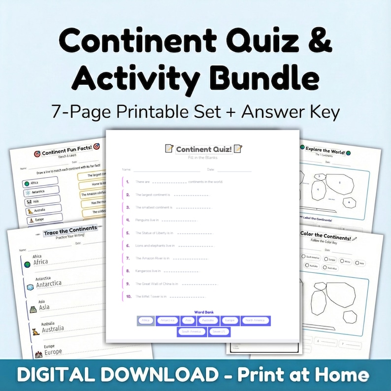 7 Continents Worksheets for Kids | Printable Geography Activity, World ...