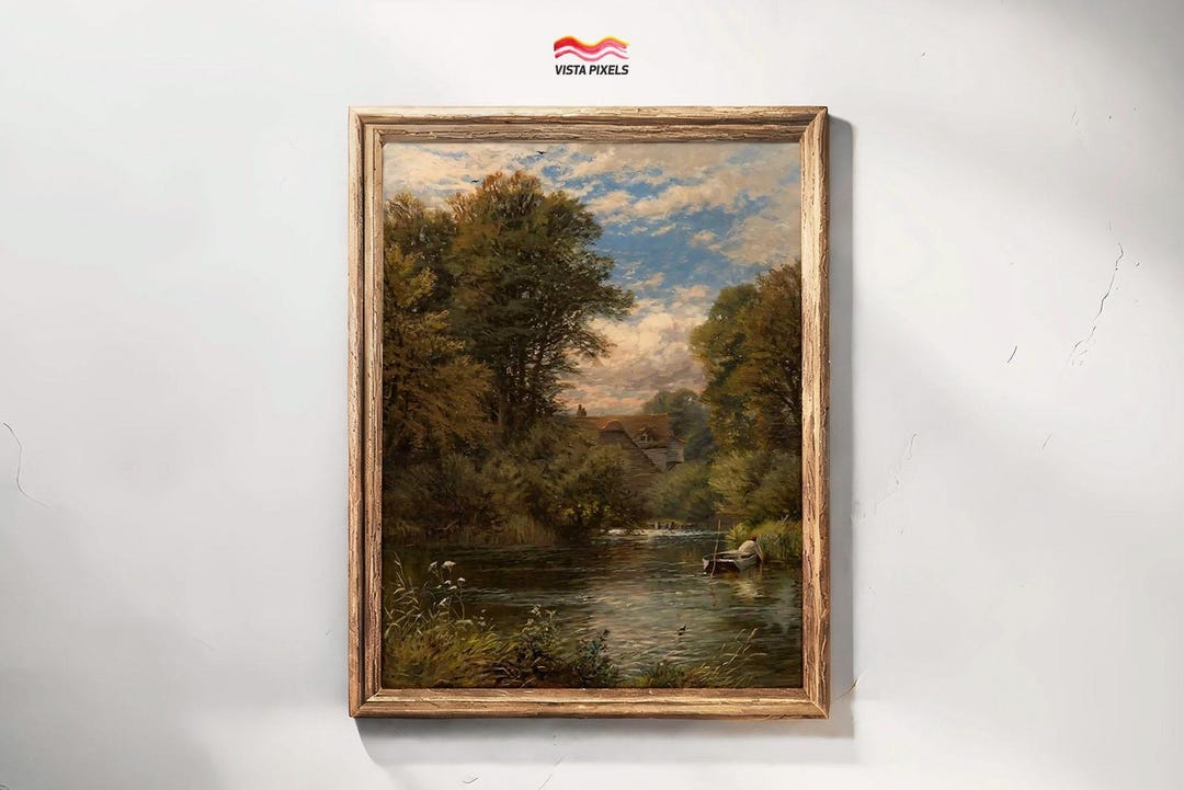 Vintage River Landscape Print | Rustic Cottagecore Art (digital ...