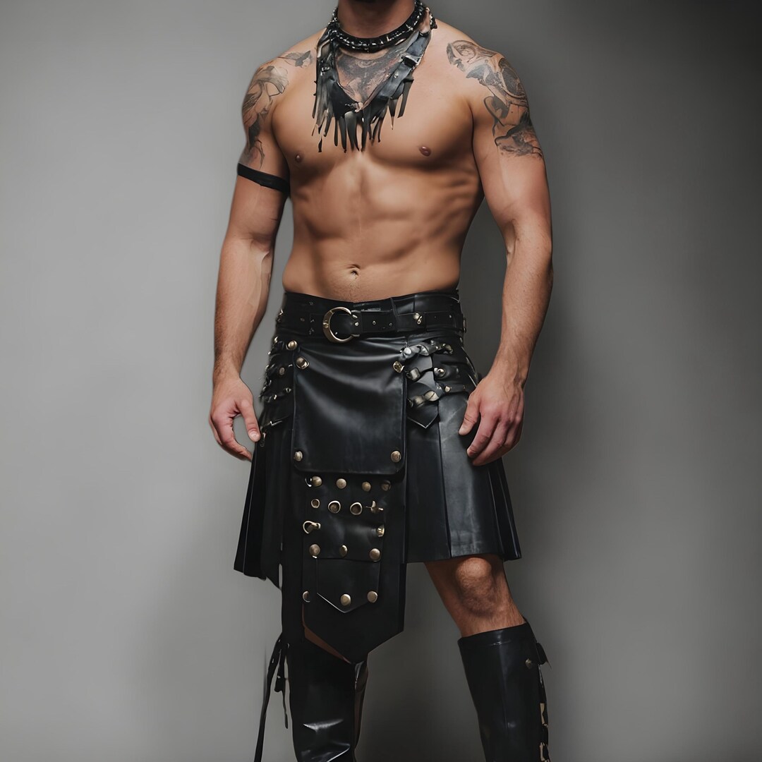 Handmade Black Leather Gladiator Kilt | Gothic Steampunk Warrior Kilt ...
