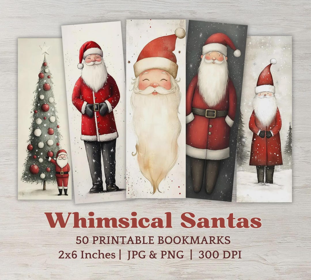 50 Whimsical Santa Printable Bookmarks, JPG Bookmark Sheets | PNG ...