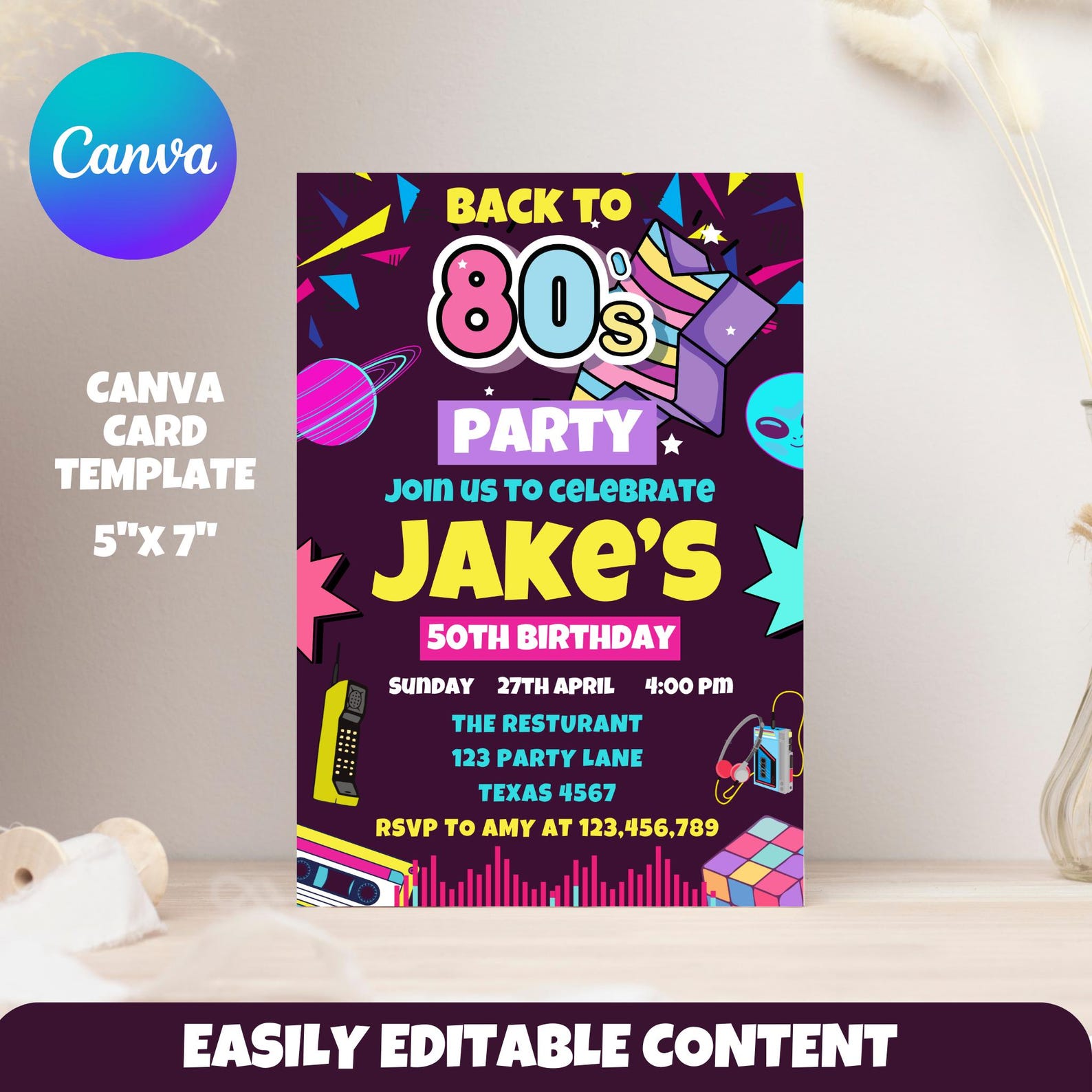 Editable 80s Party Invitation Template, Back to the 80s Theme ...
