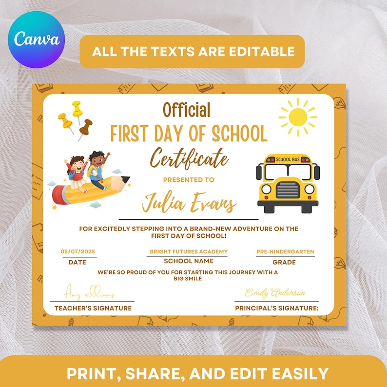 Editable First Day of School Certificate – Kids Achievement Award ...