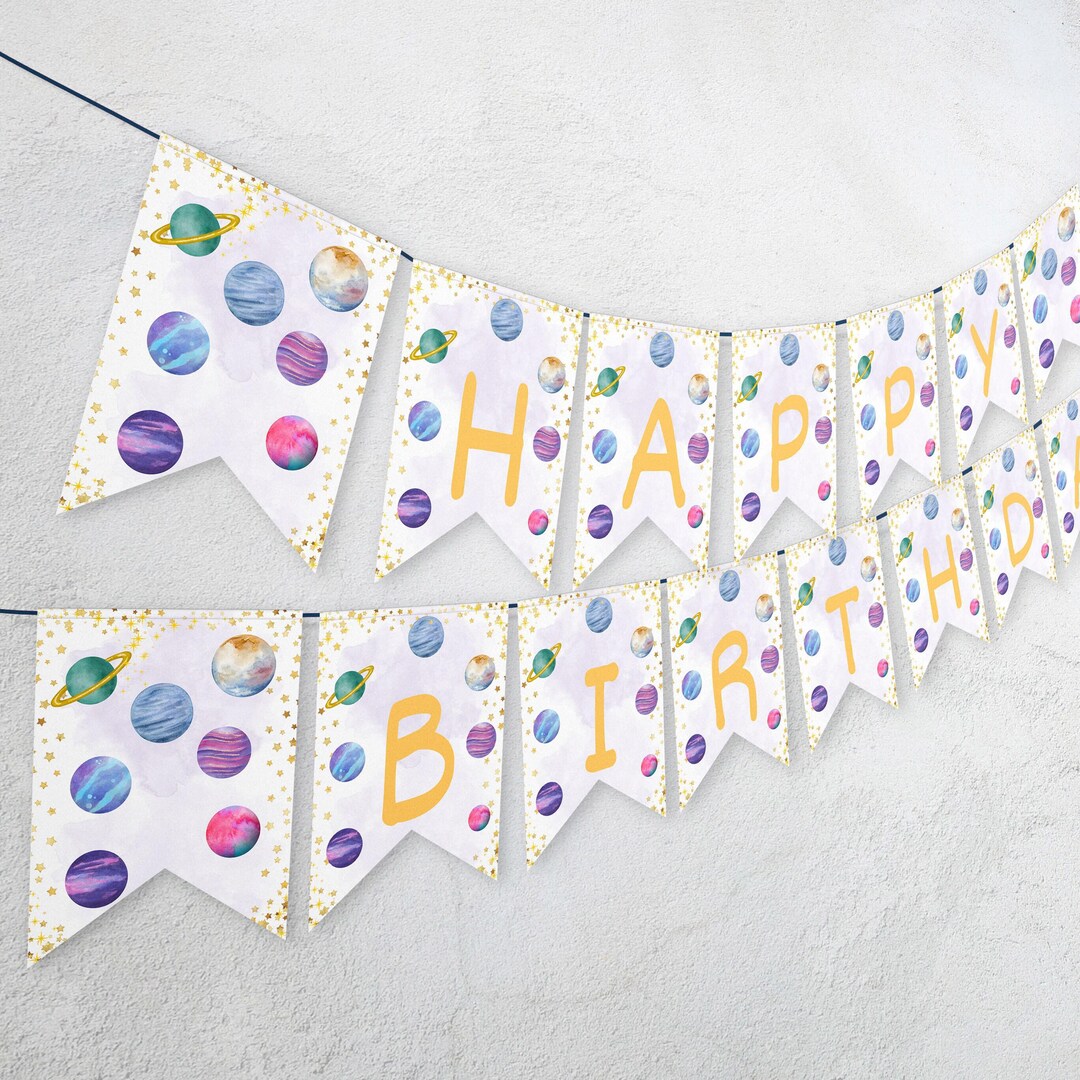 Editable Two the Moon Space Happy Birthday Banner, Pink Gold Girl ...