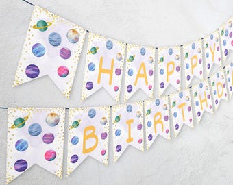 Editable Space Birthday Banner Galaxy Birthday Banner Pink Gold Galaxy ...