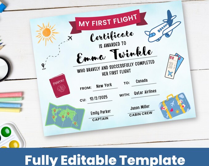 First Flight Certificate for Kids, Toddler's First Flight Award, First ...