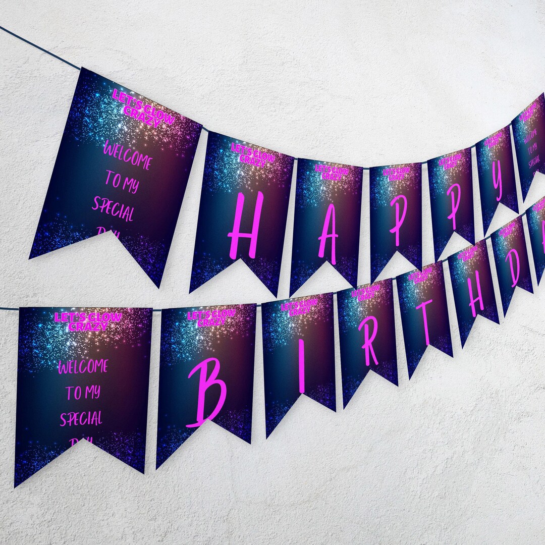 Editable Neon Glow Birthday Banner, Glow in the Dark Birthday Party ...