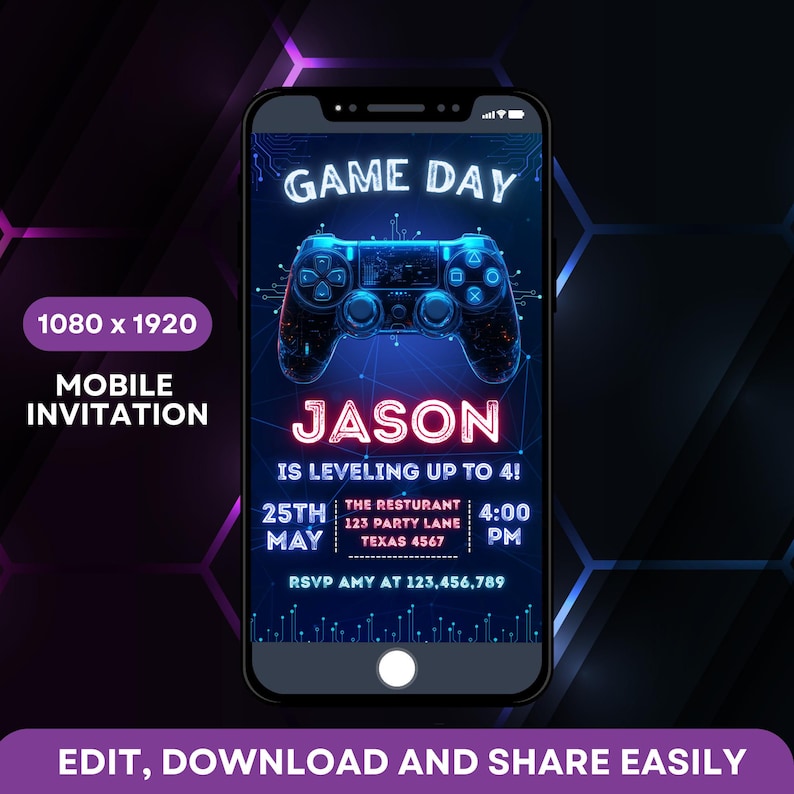 Editable Video Game Party Birthday Mobile Invitation Template, Level up ...