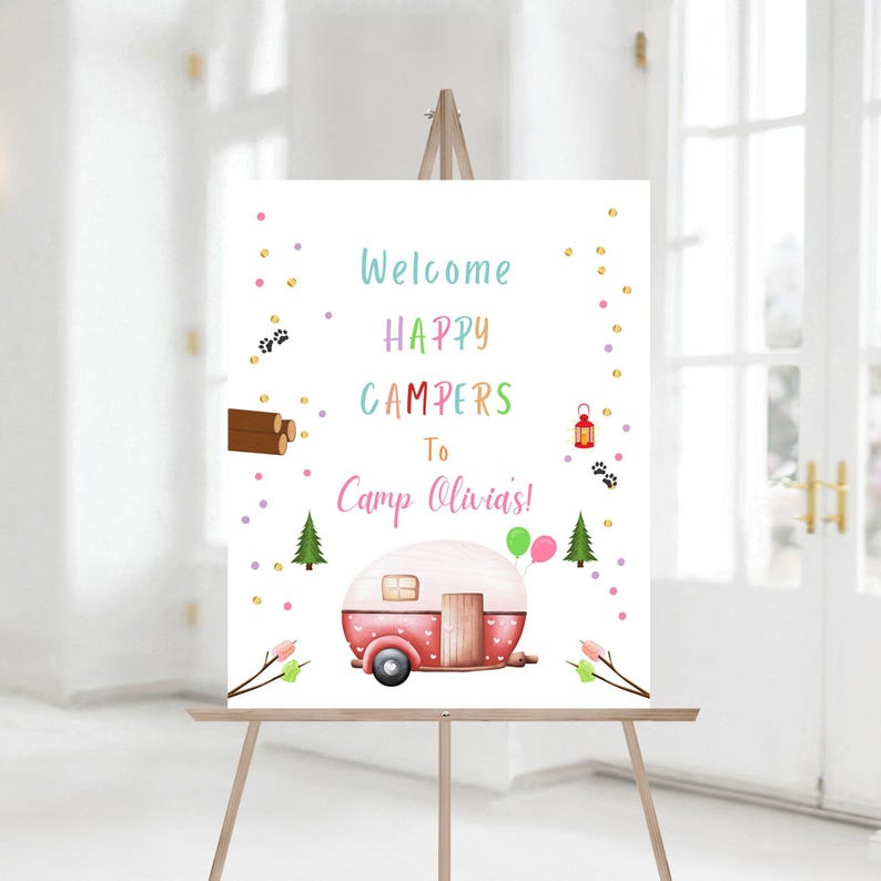 Editable Happy Camper Birthday Party Simple Welcome Sign Girl Pink ...