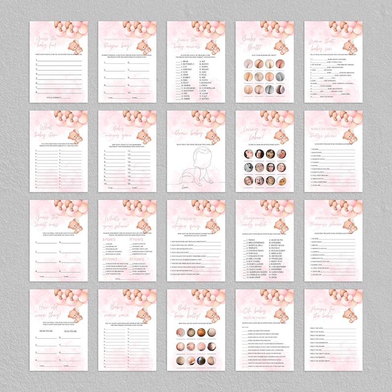 Teddy Bear Baby Shower Games, Girl Baby Shower Games Bundle, Pink ...