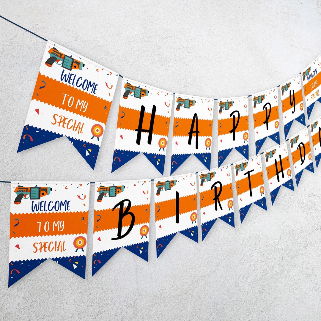 Editable Nerf War, Dart Gun Battle Party Banner, Boys Party Celebration ...